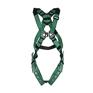 MSA 10197216 V-Form Full Body Safety Harness - Extra Large, D-Ring Configuration: Back/Hip, Tongue Buckle Leg Straps, Color: Green, Full Body Harness, Durable