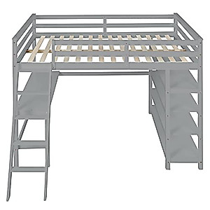 DEYOBED Full Size Wooden Loft Bed Frame with Under-Bed Desk and 4-Tier Storage Shelves - Smart Space-Saving Solution for Teens and Kids' Bedrooms