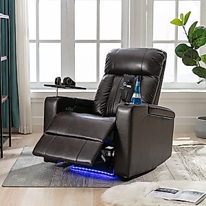 FIQHOME Premium Electric USB Charge Port, 360 Swivel Tray Table,Hand in-Arm Storage,2 Cup Holders,Ambient Lighting and Metal Cell Phone Stand Gaming Recliner Chair Home Theater Seating,Brown