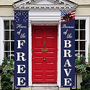 Patriotic Soldier Porch Sign Banners -“HOME of the FREE” and “Because of the BRAVE”- 4th of July Decor - American Flag Hanging Banner for Independence Day/ Memorial Day/ Veterans Day/ Labor Day