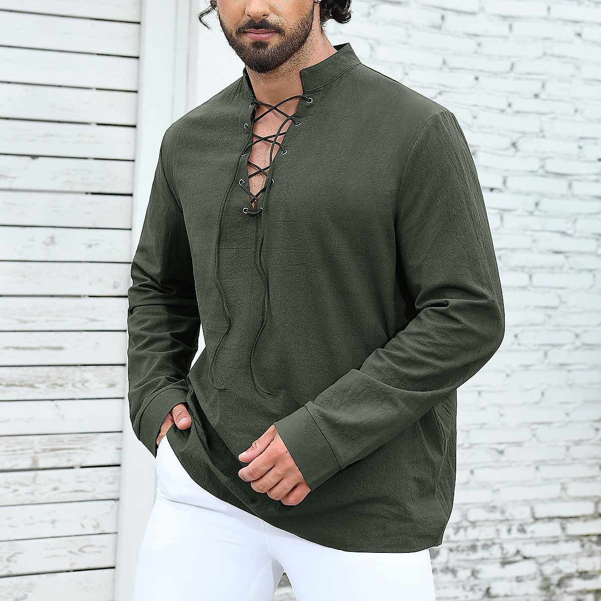 Mens Medieval Renaissance Pirate Top Long Sleeve Viking Gothic Steampunk Shirt Halloween Cosplay Party Costumes (XXL, Grey-Green)