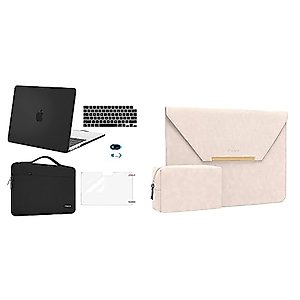 MOSISO Matte PU Leather Flap Laptop Sleeve&Compatible with MacBook Air 13.6 inch Case 2022 2023 A2681 M2, Hard Shell&Carrying Sleeve Bag&Keyboard Cover&Webcam Cover&Screen Protector, Black&Apricot