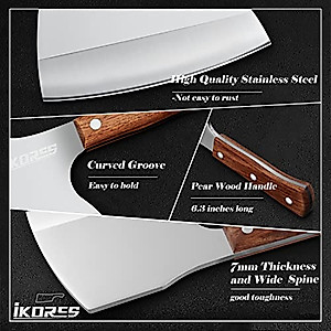 IKORES Meat Cleaver Knife Heavy Duty, 6'' Bone knife for Meat Cutting, Axe Bone Chopper Knife Bone Breaker Knife,Butcher Knife 7mm Thickness Pear Wood Handle for Kitchen and Restaurant