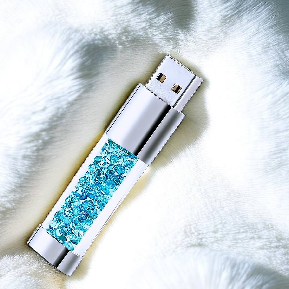 WooTeck 128GB Jewelry Crystal Lipstick USB Flash Drive,High Speed Memory Stick Pendrive, Lake Blue