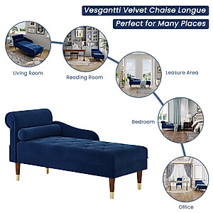 Vesgantti 59" Modern Velvet Chaise Lounge Indoor,Upholstered Lounge Chair with Left Armrest & Lumbar Pillow, Button Tufted Lounge Sofa for Living Room Bedroom Office,Tool-Free Assembly(Blue)