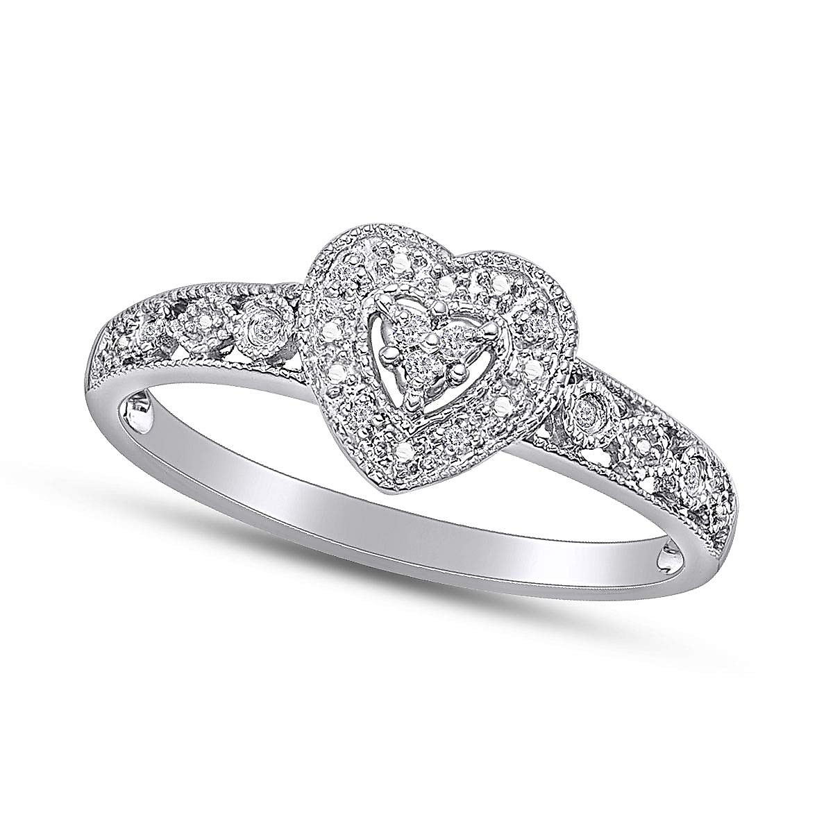 10k Solid White Gold Round White Natural Diamond Accent Heart Promise Engagement Ring (I-J Color, I2-I3 Clarity) Size 7