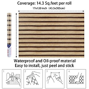 Arthome 17''x120'' Wood Slat Wallpaper Peel and Stick self Adhesive Wood Wallpaper PVC Vinyl Decorative Removable Wallpaper Waterproof Faux Wood Grating Stripe Contact Paper for Living Room Bedroom