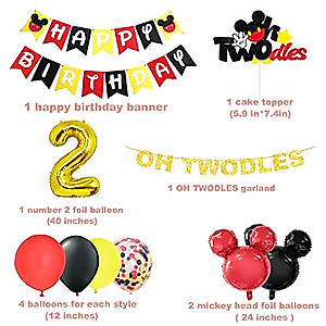Happy 2nd Birthday Balloon Set Mouse Themed Decoration – Oh Twodles Banner and Cake topper Party Supplies Gold Red
