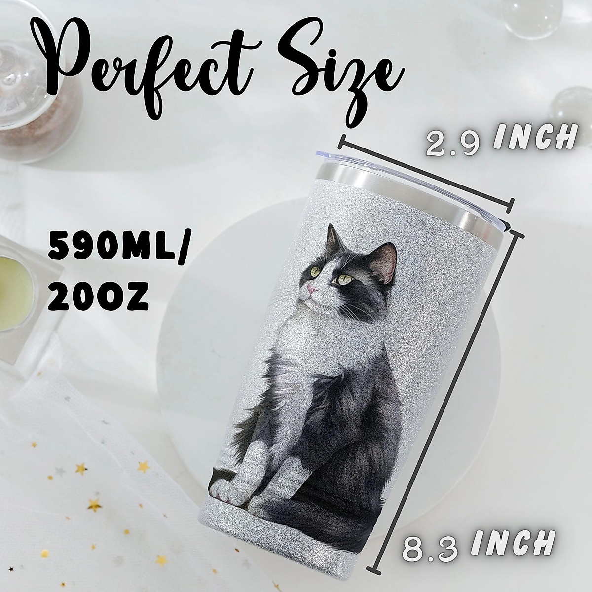 Onebttl Tuxedo Cat Gifts for Tuxedo Cat Lovers, 20 oz Insulated Stainless Steel Tumblers with Lids and Straws, Tuxedo Cat gifts for Birthday Christmas, Glitter Silver