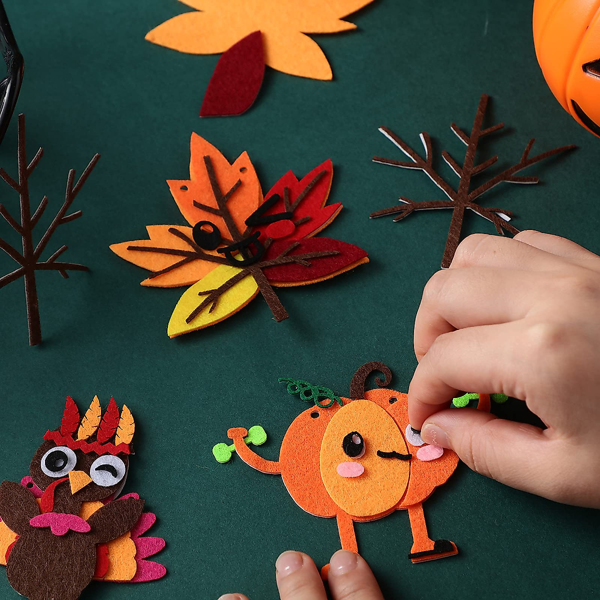 Hicarer 12 Pcs Fall Thanksgiving Felt Craft Kit for Kids DIY Turkey Pumpkin Felt Set Fall Party Necklace Felt Crafts Fall Maple Leaves Ornament for Thanksgiving Autumn Craft Party Supplies