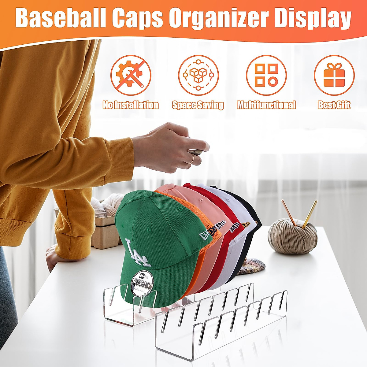 Sloworld Hat Stand for Baseball Caps, 2 Pcs No Install Acrylic Hat Organizer for 14 Baseball Caps, Hat Racks for Baseball Caps Display and Organizer for Bedroom, Closet, Dresser, Office (clear*2)