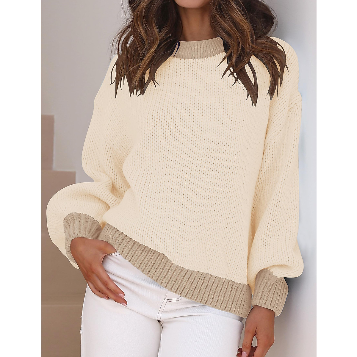 ZESICA Women's Casual Long Sleeve Crew Neck Pullover 2025 Spring Ribbed Knit Loose Contrast Color Sweater Tops,Apricot,Medium