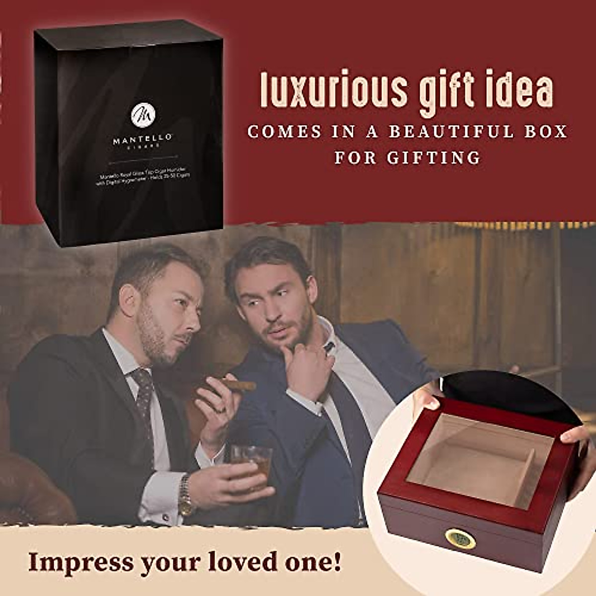 Mantello Humidor Cigar Box, Royal Glass-Top Cigar Humidors- Gifts for Men - Cigar Humidor Box for 25-50 Cigars with Digital Hygrometer & Divider - Spanish Cedar Wood Interior, Rich Cherry Finish