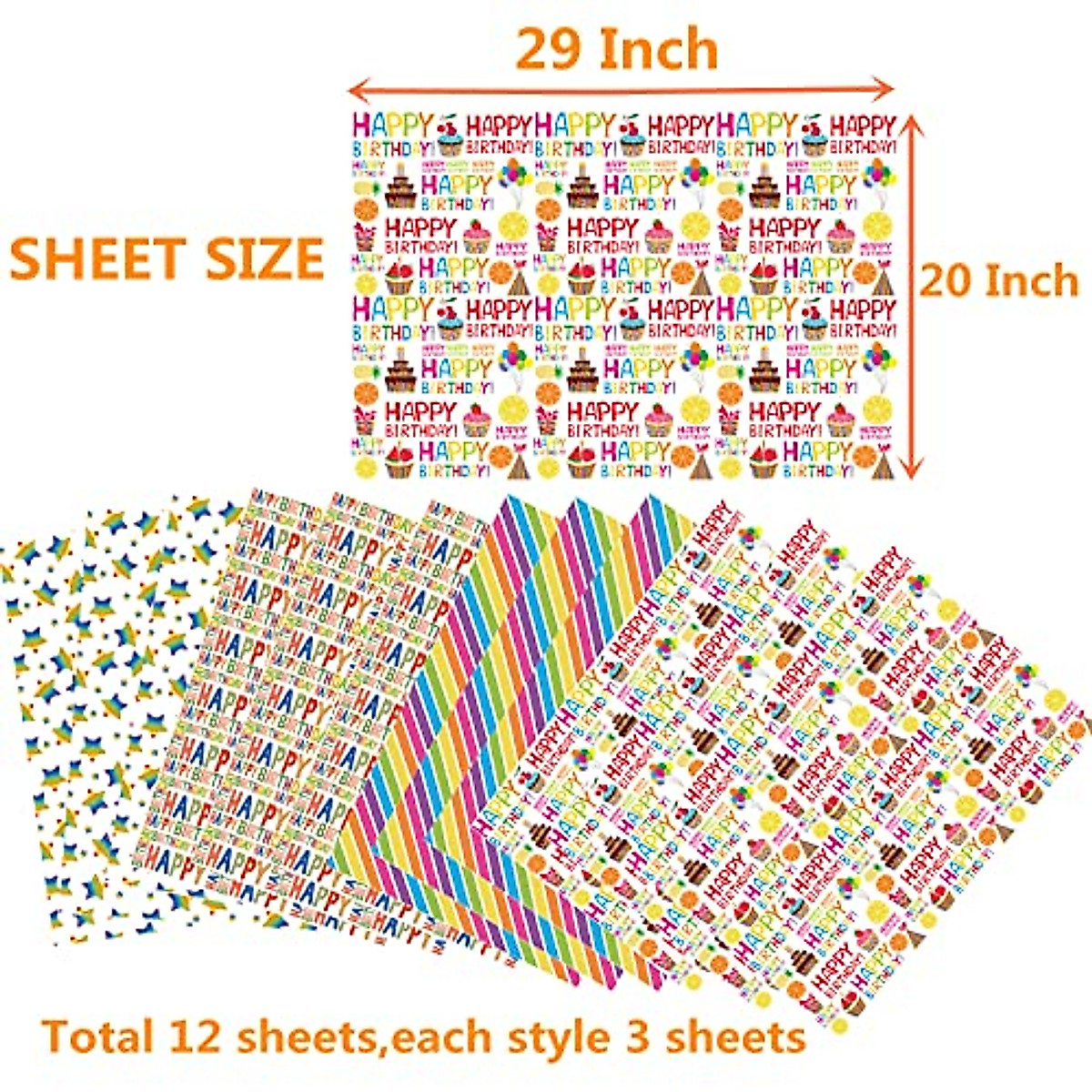 THMORT Birthday Wrapping Paper for Kids, Boys&Girls, Adults. Gift Wrapping Paper With Colorful Happy Birthday Font Print, Star, Rainbow Stripe lines,4 Bright and Shine Designs for Baby Shower, Holiday, Party. Pack Of 12 Sheets 20 X 29 Inch