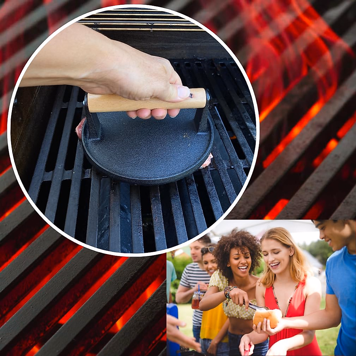 Evelots Bacon Press Cast Iron Grill Press for Griddle Heavy Duty Smash Burger Press for Perfectly Cooked Meat, Sandwich, Panini, Steak, BBQ -Food Grade- Round Wood Handle