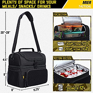 MIER Insulated Lunch Box for Men, Double Decker Lunch Bag Coolers Tactical Lunch Bags with MOLLE Webbing for Men Women Adults to Work, Picnic, Outdoors, Black
