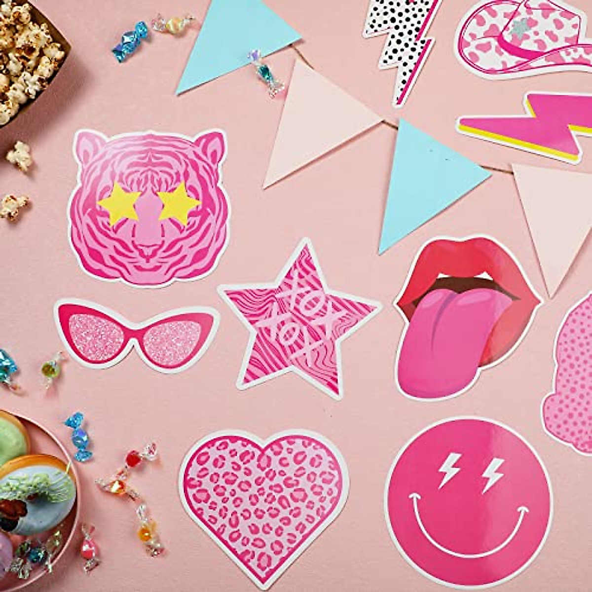 24 Pieces Preppy Theme Cutouts Preppy Party Decoration Pink Party Cut Outs Smile Face Favors Star Lightning Lips Cutouts for Preppy Style Birthday Wedding Baby Shower School Bulletin Board Supplies