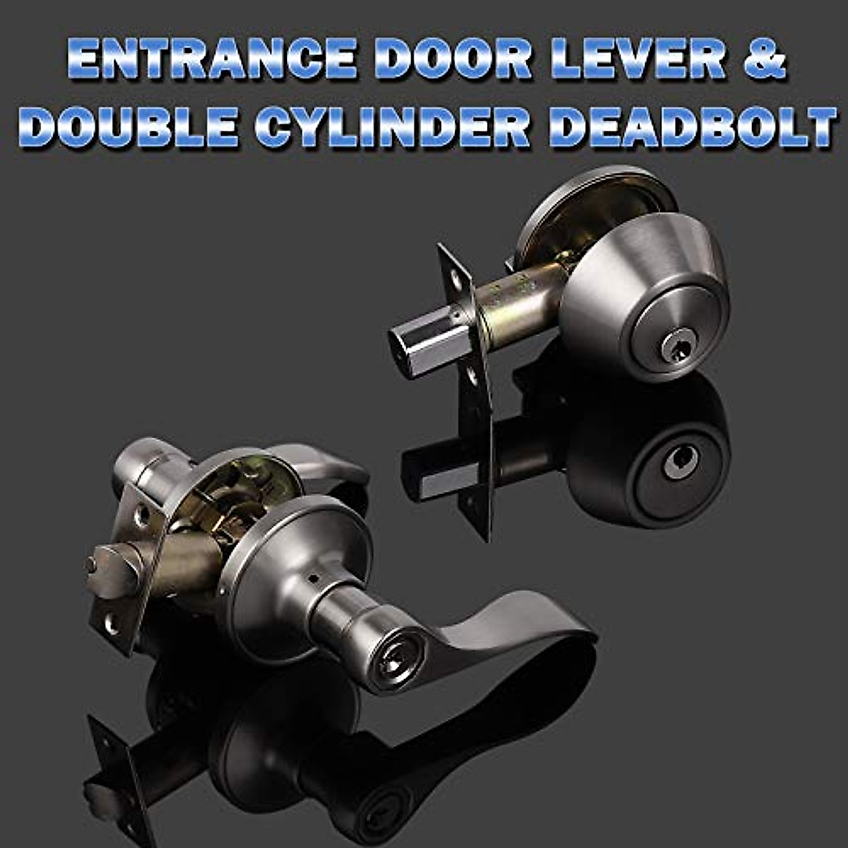 Knobonly 5 Pack Wave Style Door Handleset Locksets, Entrance Door Levers with Double Cylinder Deadbolts in Satin Nickel Finish, All Keyed Alike Front/Entry Doors