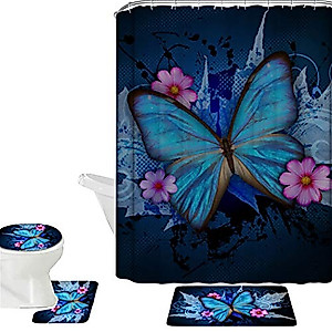 HUGS IDEA Blue Butterfly 16 Piece Bathroom Mat Set Shower Curtain Sets Non Slip Soft Bath Mat + Contour Mat + Toilet Cover + Shower Curtain + 12 Hooks