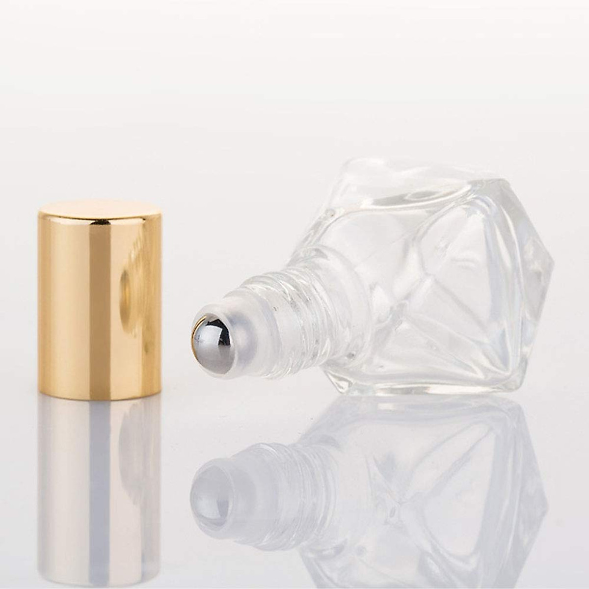 ConStore 10 PCS Mini Portable Polygonal Clear Glass Roller Bottle,8ml/0.27oz DIY Travel Essential Oil Roll On Bottle with Stainless Steel Ball Gold Cap