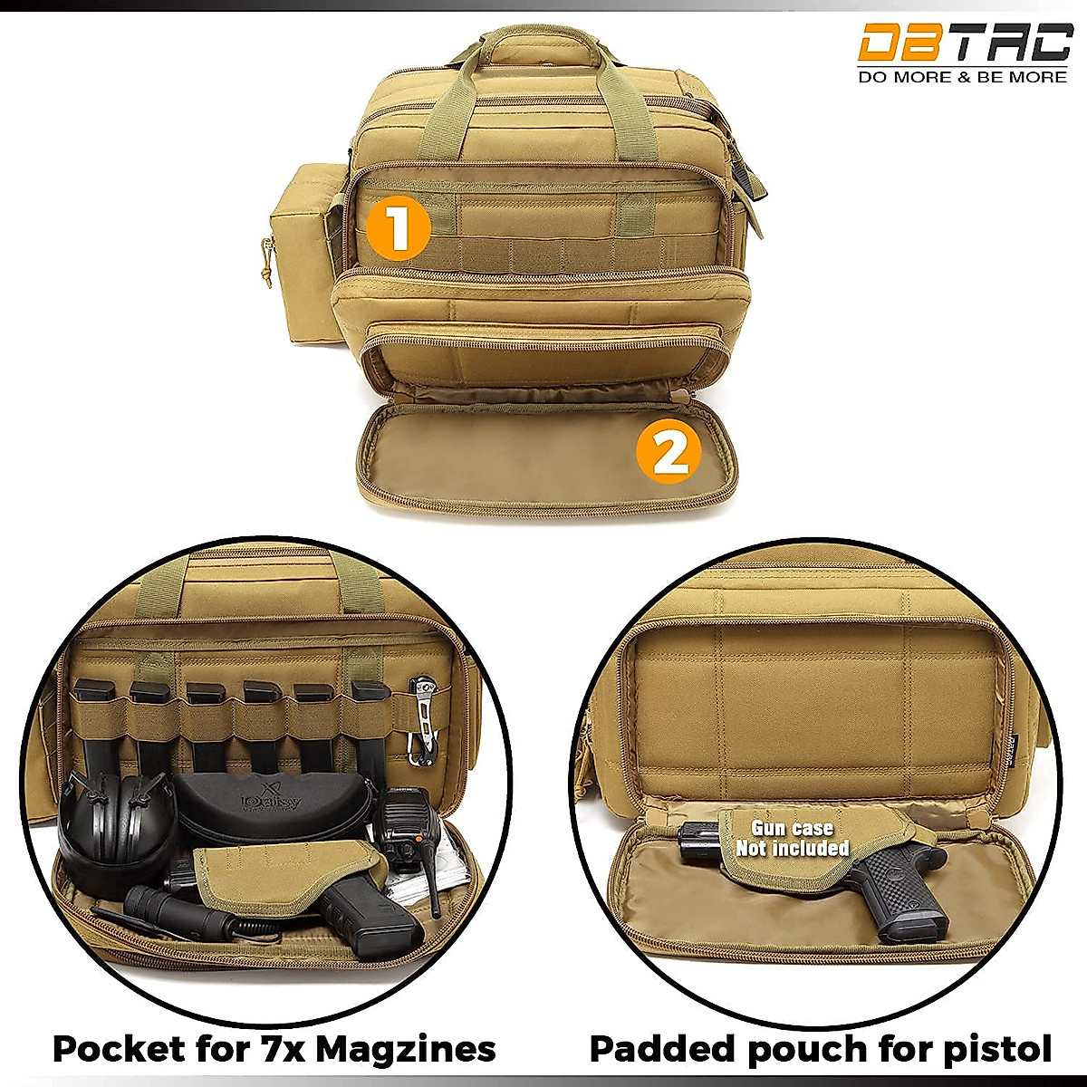 DBTAC Range Bag 2~4 Pistol Medium Size (Tan) + Tactical Lunch Bag (Tan), Durable Material with adjustable shoulder strap, Multi-functional Design