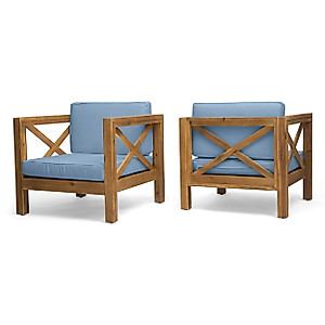 GDFStudio Outdoor Acacia Wood Club Chairs with Cushions (Set of 2), Teak Finish and Blue