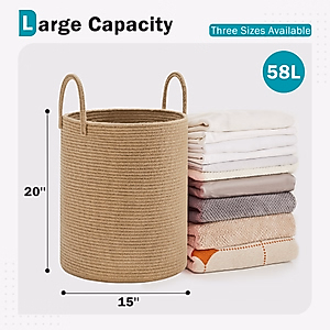 YOUDENOVA Cotton Laundry Hamper, 58L - Woven Collapsible Storage Basket - Jute Brown