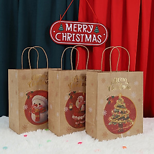 Qirrmiy 24-Pack 10.4” Medium Christmas Gift Bags with Handles, Kraft Brown with Santa Claus, Snowman, Gifts, Gingerbread man, Reindeer, Trees for Gifts, Decorations, Holiday Party, 24 Pcs