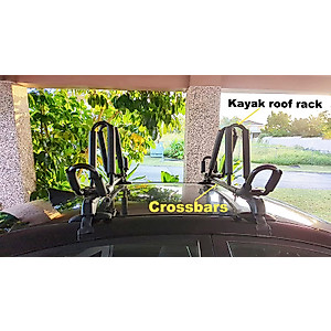 2 Pairs Kayak Rack J-Bar Car Roof Rack for Canoe Carrier SUP Paddle Surfboard Mount on Car SUV and Truck Crossbar， Includes 4 Pcs Roof Rack Tie Down Cam Straps.