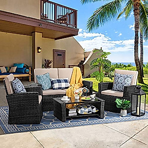 Shintenchi 4-Piece Outdoor Patio Furniture Set, Wicker Rattan Sectional Sofa Couch with Glass Coffee Table | Black
