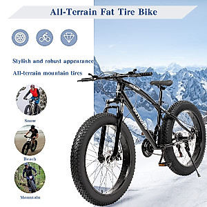 Paname 26 Inch Fat Tire Mountain Bike for Men Women, 21 Speed Shimano Drivetrain, 4 Inch Wide Tire, Steel Frame, Dual Disc Brakes, Black