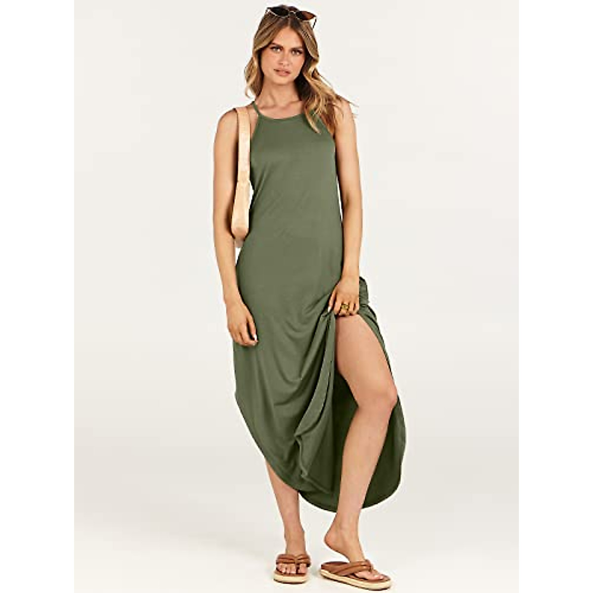 ANRABESS Women's Summer Casual Halter Neck Sundress Sleeveless Split Maxi Long Beach Dress with Pockets 991ganlanlv-M Olive