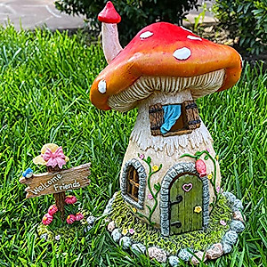 Mood Lab Fairy Garden - Mushroom House Kit with Miniature Welcome Sign - Accessories Set of 2 pcs - 7.6 Inch Tall House