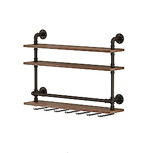 HKaikzo 36” L Industrial Pipe Shelves 3 Tier Hanging Wine Rack Wall Mounted, with 6 Stem Glass Holder Kitchen/Living Room/Home Wood Floating Wall Shelf