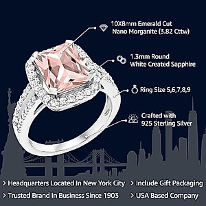Gem Stone King 925 Sterling Silver Peach Nano Morganite Engagement Ring For Women (3.82 Cttw, Emerald Cut 10X8MM, Available In Size 5, 6, 7, 8, 9)