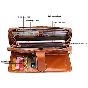 HESHE Wallet Purse for Women Leather Wristlet Wallet Zipper Credit Card Holder Rfid Wallet with Phone Pocket (Camel-E)