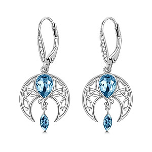 Celtic Moon Earrings 925 Sterling Silver Crescent Moon Leverback Dangle Drop Earrings with Simulated Aquamarine Birthstone Crystal Celtic Irish Jewelry Gifts for Women