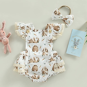 Newborn Infant Baby Girl Easter Outfit Bunny Romper Lace Sleeveless Bodysuit Jumpsuit Headband Summer Clothes White 18-24 Months