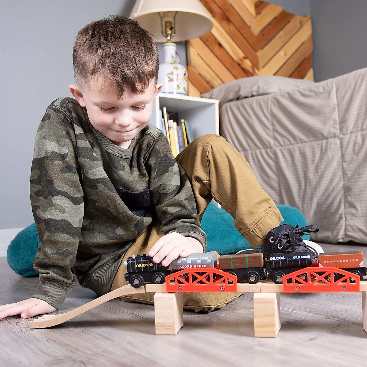 Playtime Express Train Set | 12-Piece Wooden Train Box | Includes Unique Custom Designs and Classics: Recycling Transport, Timber Train, Wheat Car, Coal Train, Oil Tanker, and More