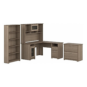 Bush Furniture L Shaped Desk with Hutch, 5 Shelf Bookcase and Lateral File Cabinet | Cabot Collection Corner Computer Table with Storage and Bookshelf | 60Wx23DX37W