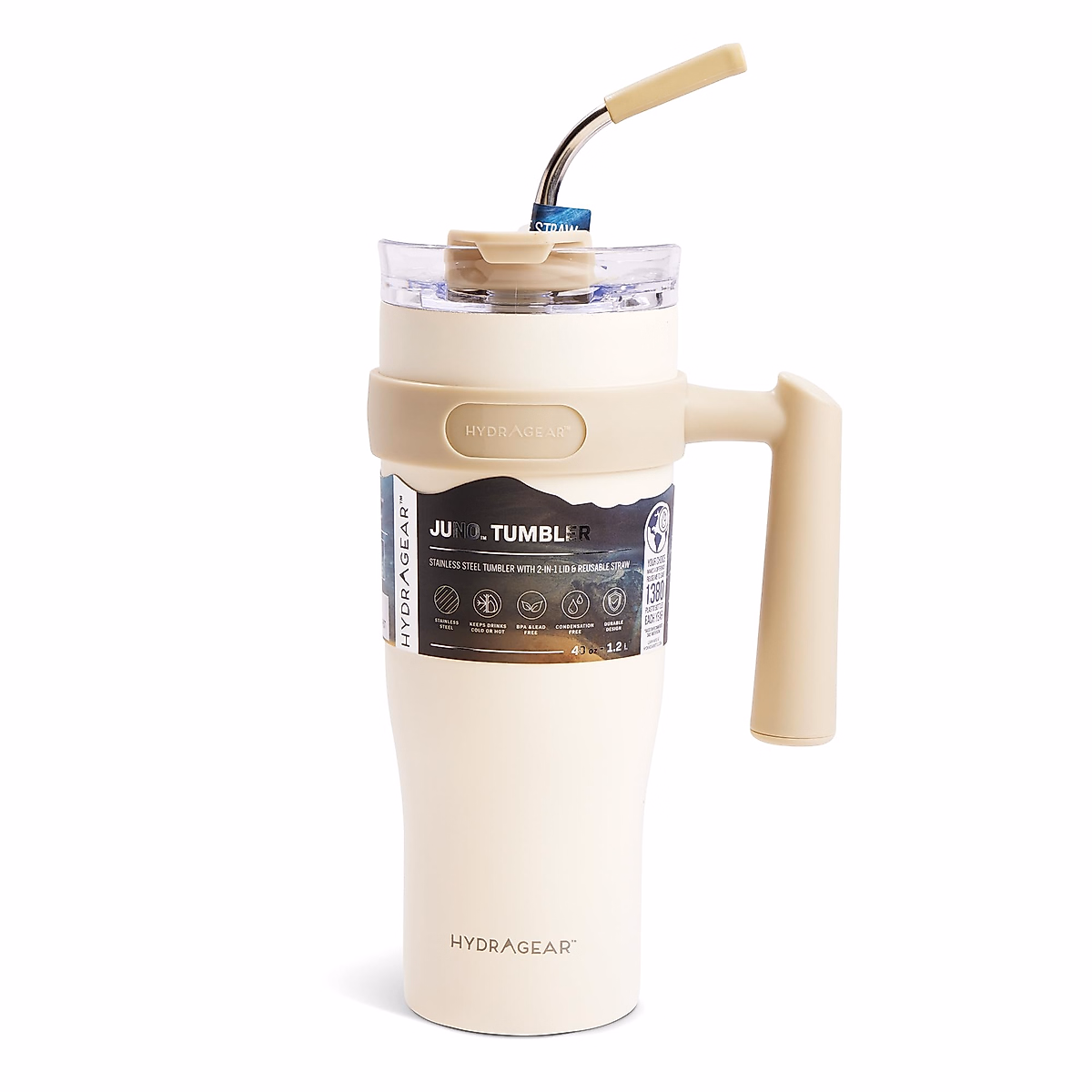 Hydragear Juno Stainless Steel Tumbler with 2-in-1 Lid and Reusable Straw - 40 Oz - Vanilla Powder Coat