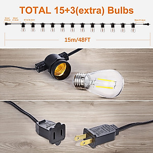 tomvorks Outdoor String Lights 48FT 15+3 ABS Plastic Bulbs, LED Lights Heavy-duty Patio Lights IP65 Waterproof, 2700K, 100LM Warm White Light, Decorative Cafe Patio Lights for Bistro Garden