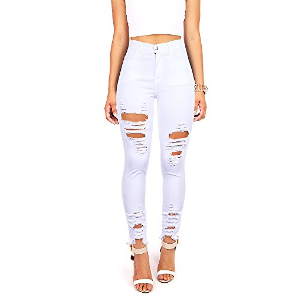 Vibrant Women’s Denim Skinny Jeans – Stretch High Waisted Raw Edges Heavy Distressed Ripped Casual Slim Fit Pants VP1213 White 9