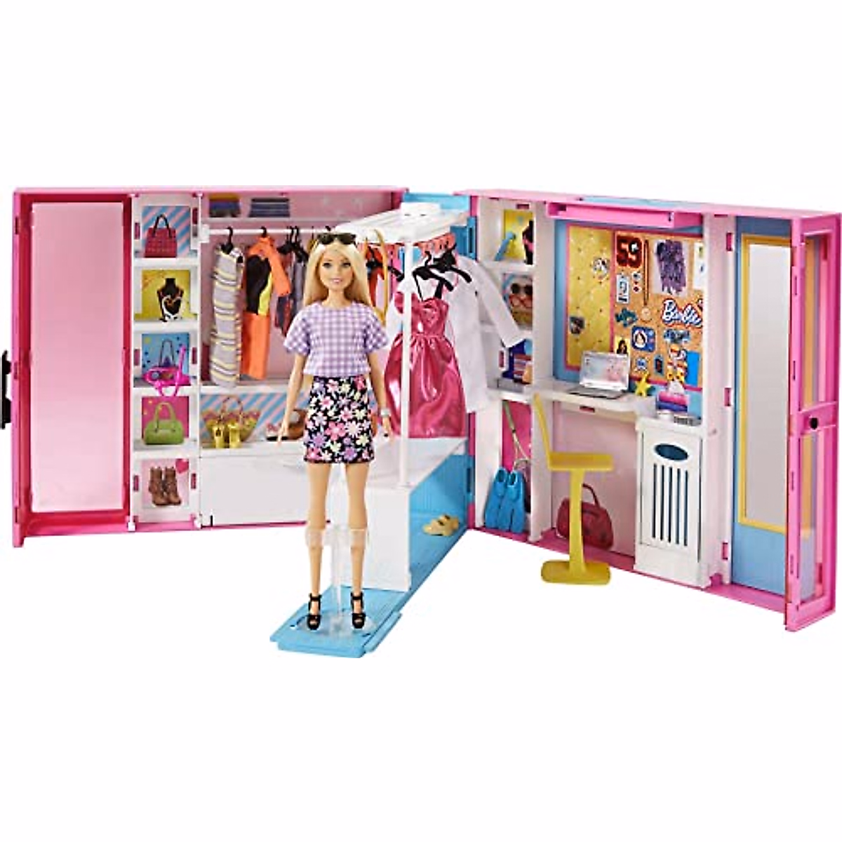 Barbie Dream Closet with Blonde Doll & 25+ Pieces, Toy Closet Expands to 2+ ft Wide & Features 10+ Storage Areas, Full-Length Mirror, Customizable Desk Space and Rotating Clothes Rack