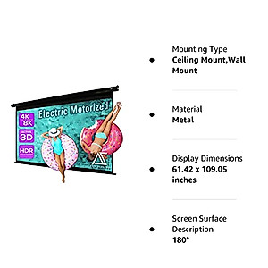 Akia Screens 125 inch Motorized Electric Remote Controlled Drop Down Projector Screen 16:9 8K 4K HD 3D Retractable Ceiling Wall Mount Black Projection Screen Office Home Theater Movie AK-MOTORIZE125H
