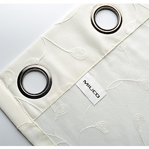 MIUCO Floral Embroidered Semi Sheer Curtains Faux Linen Grommet Curtains for Girls Room 52 x 84 Inch Set of 2, Off White