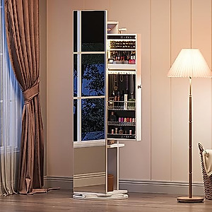 YITAHOME Jewelry Mirror Cabinet with Lights Full Length Mirror Jewelry Armoire LED Jewelry Organizer with 1 Coat Hanger, 4 Hooks, Standing Jewelry Armoires with Storage Shelves