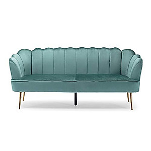 Christopher Knight Home Reitz Channel Stitch 3 Seater Shell Sofa - Velvet - Turquoise/Gold