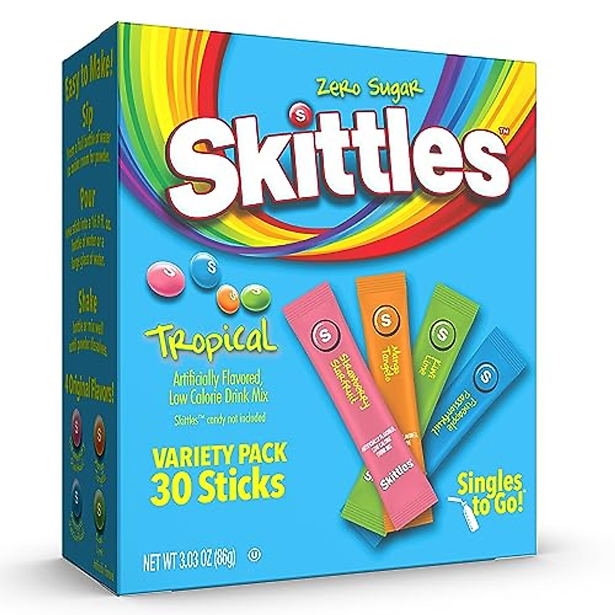 Skittles Singles To Go Tropical Variety Pack, Watertok Powdered Drink Mix, Includes 4 Flavors, Strawberry Starfruit, Mango Tangelo, Kiwi Lime, Pineapple Passionfruit, 1 Box (30 Servings)