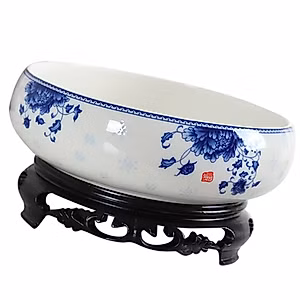 Happyyami House Plants Indoors Live Blue and White Floral Planter Flower Pot with Stand Orchid Pots Bonsai Holder Flower Bowl Garden Decorations for Garden Landscape Office House Plants